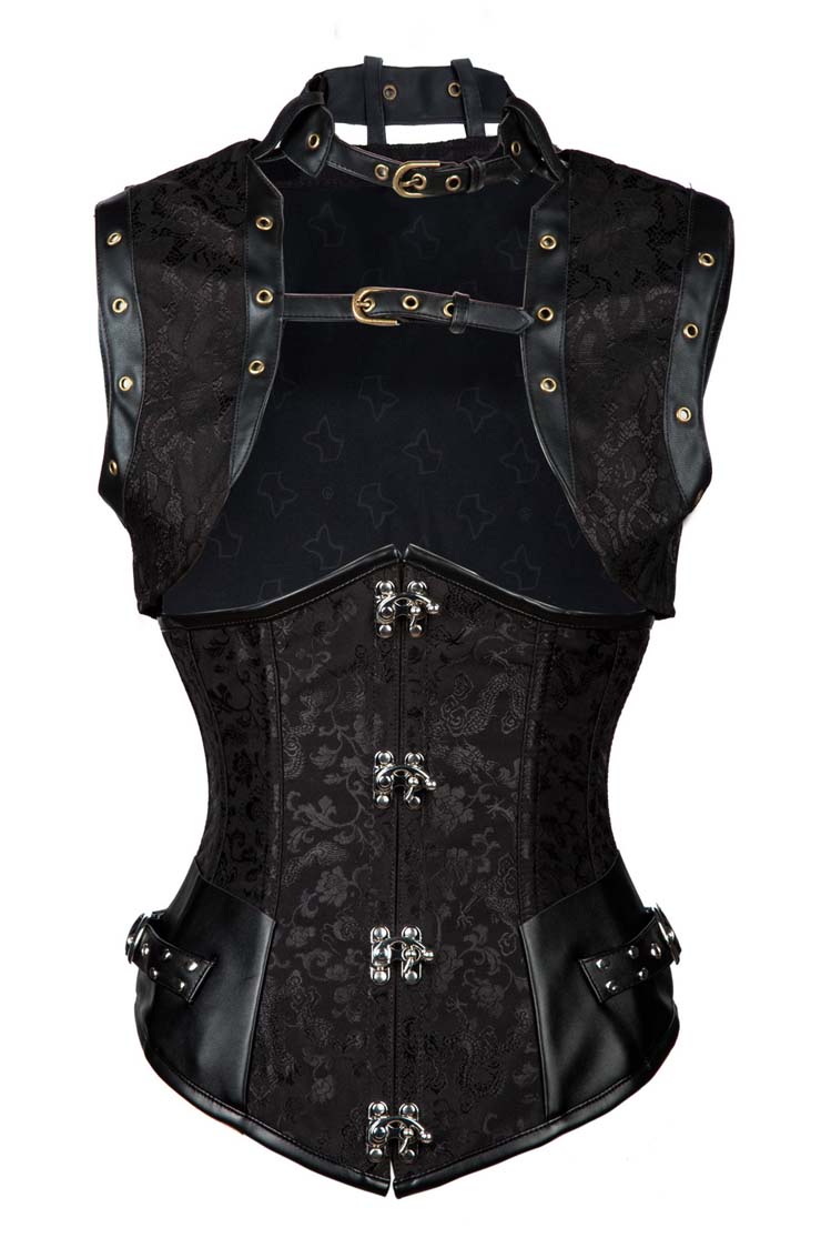 Vintage Black Steel Boned Jacquard Busk Closure Underbust Corset With