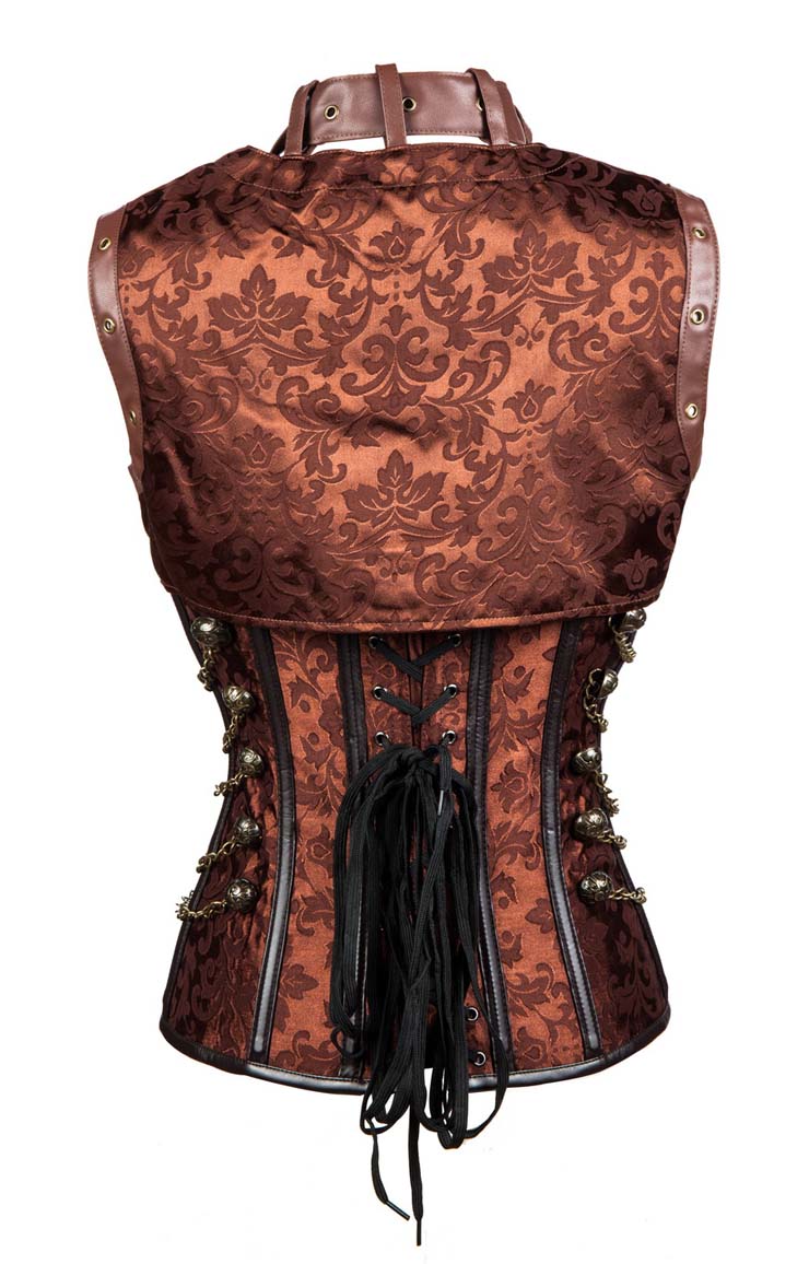 Steampunk Sexy Brown Jacquard Steel Boned High Neck Corset With Jacket