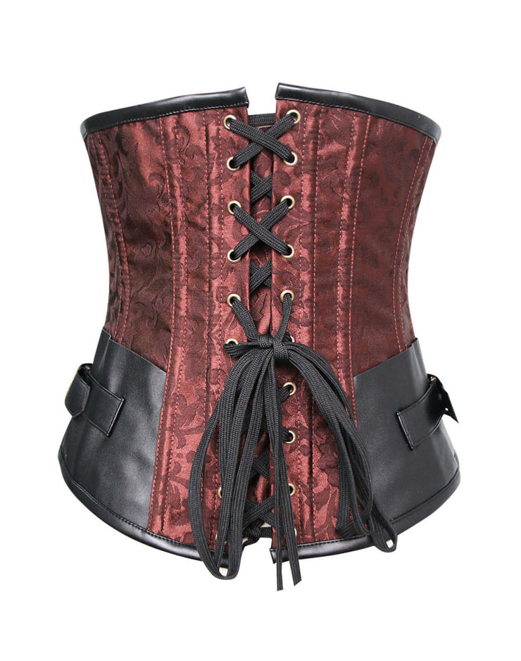 Vintage Brown Steel Bone Jacquard Pattern Busk Closure Underbust Corset