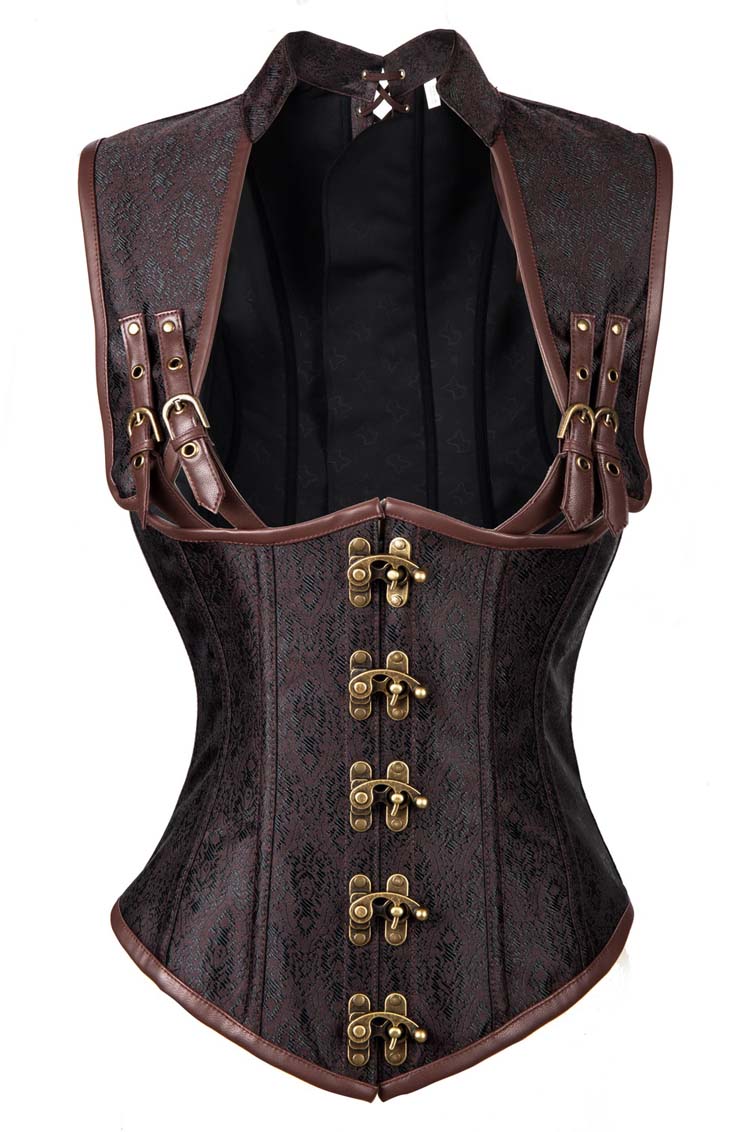 Steampunk Brown Steel Boned Jacquard High Neck Buck Closure Vest