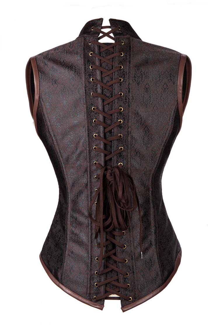 Steampunk Brown Steel Boned Jacquard High Neck Buck Closure Vest