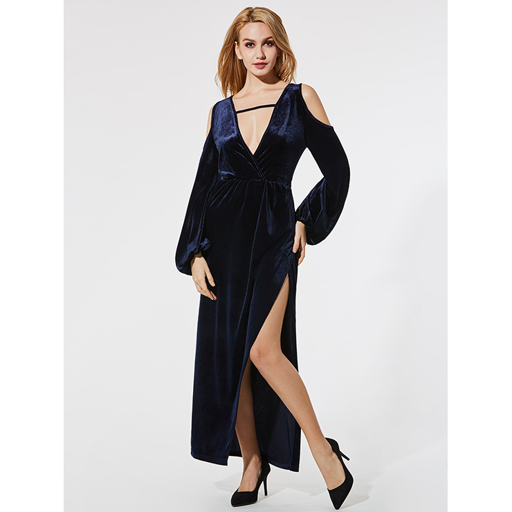 Womens Dark Blue Velvet Cold Shoulder Plunging V Neck Lantern Sleeve