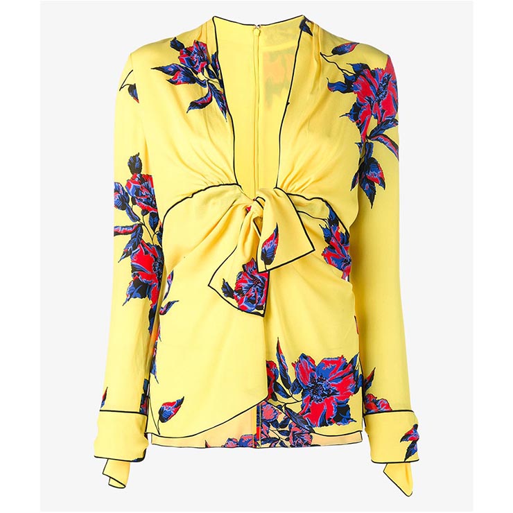 Womens Elegant Yellow Floral Print Long Sleeve Deep V Neck Blouse N15979