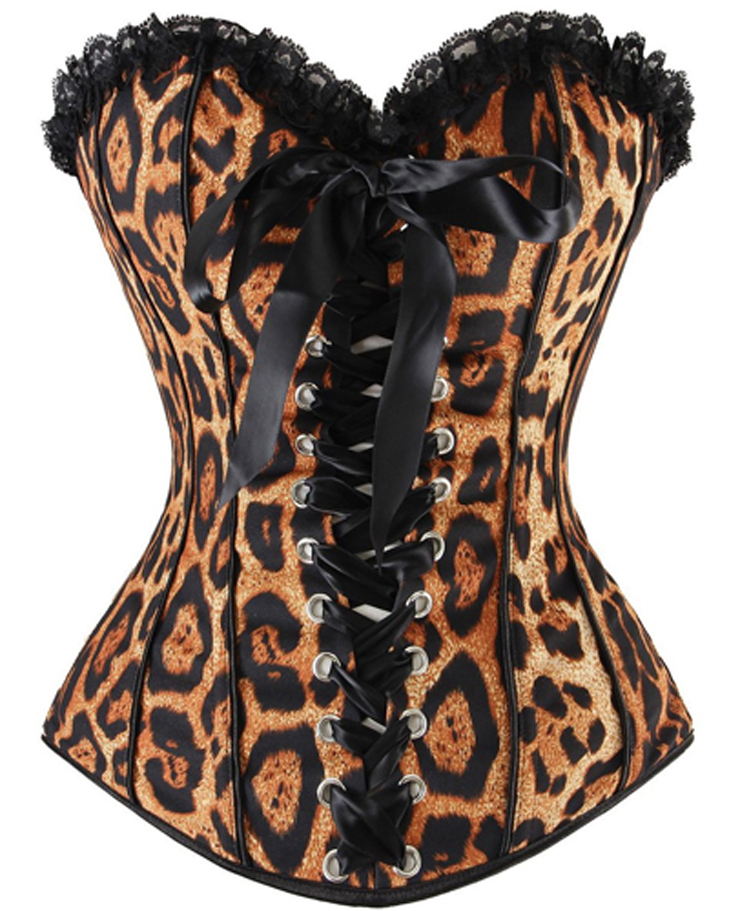 Womens Strapless Leopard Print Ruffle Trimmed Temptation Overbust