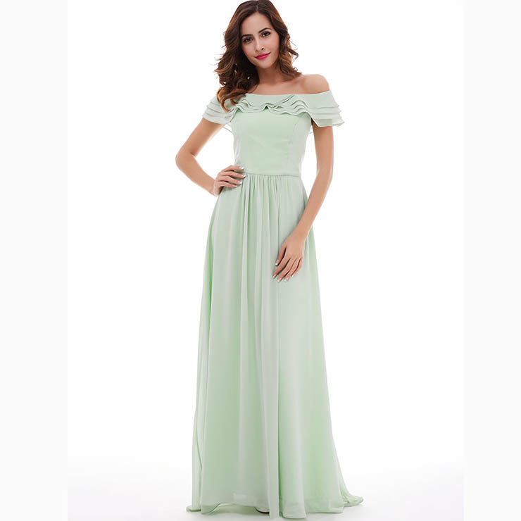 Womens Mint Green Off Shoulder Sleeve Ruffles Maxi A Line Evening