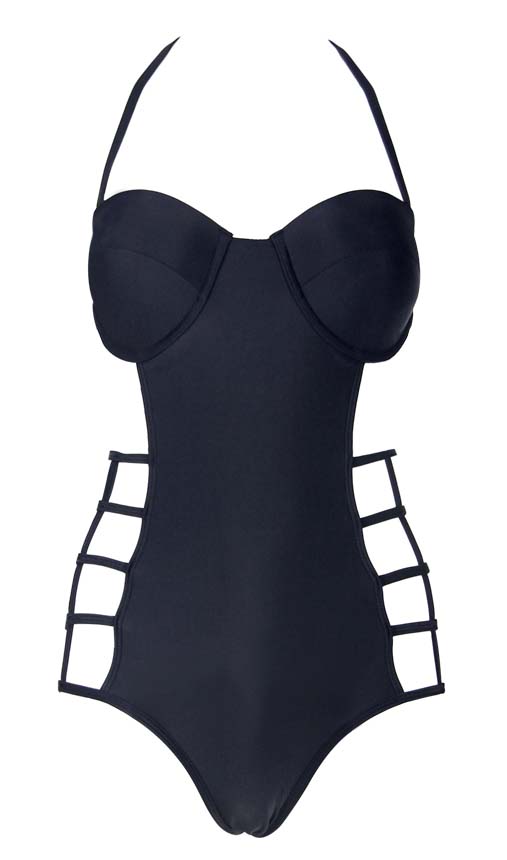 Sexy Dark Blue Halter Side Cut Out One Piece Swimsuit Bk9642