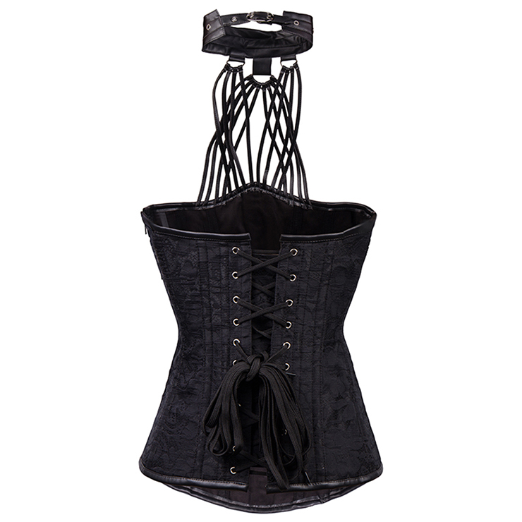 Steampunk Halterneck Brocade Faux Leather Steel Boned Underbust Corset