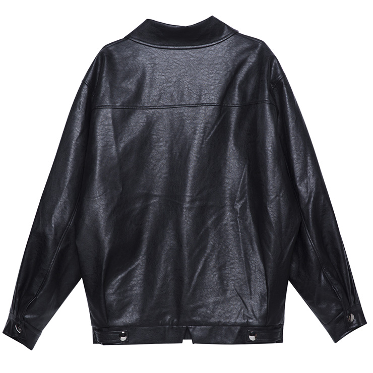 Women's Black Long Sleeve Lapeled Zip Up Faux Leather Coat N15683