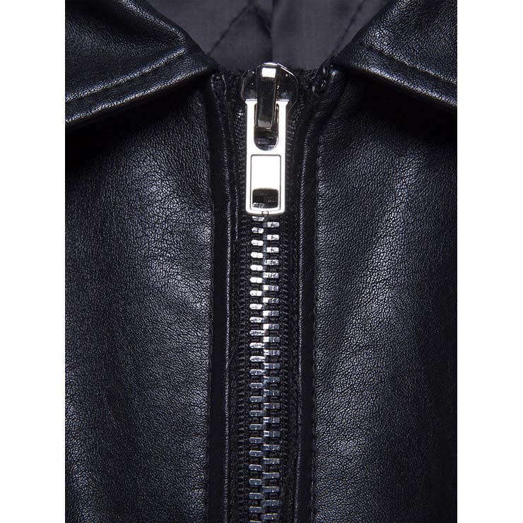 Women's Black Long Sleeve Lapeled Zip Up Faux Leather Coat N15683