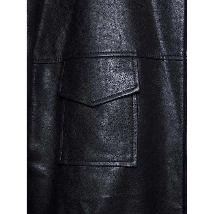 Women's Black Long Sleeve Lapeled Zip Up Faux Leather Coat N15683