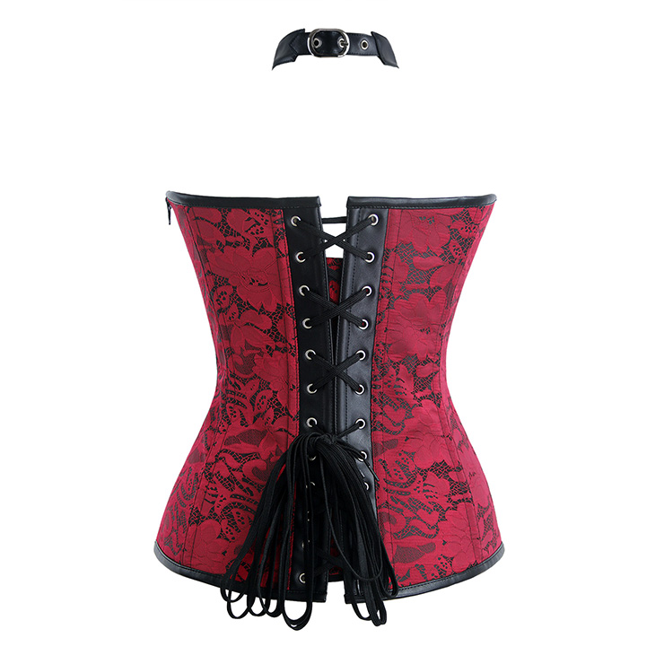 Steampunk Spiral Steel Boned Brocade Faux Leather Halterneck Overbust
