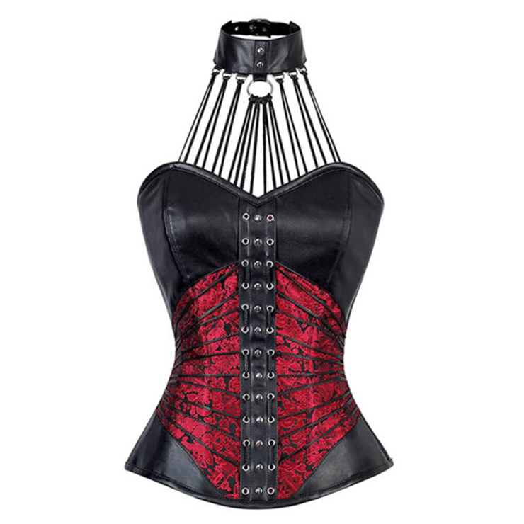 Steampunk Spiral Steel Boned Brocade Faux Leather Halterneck Overbust