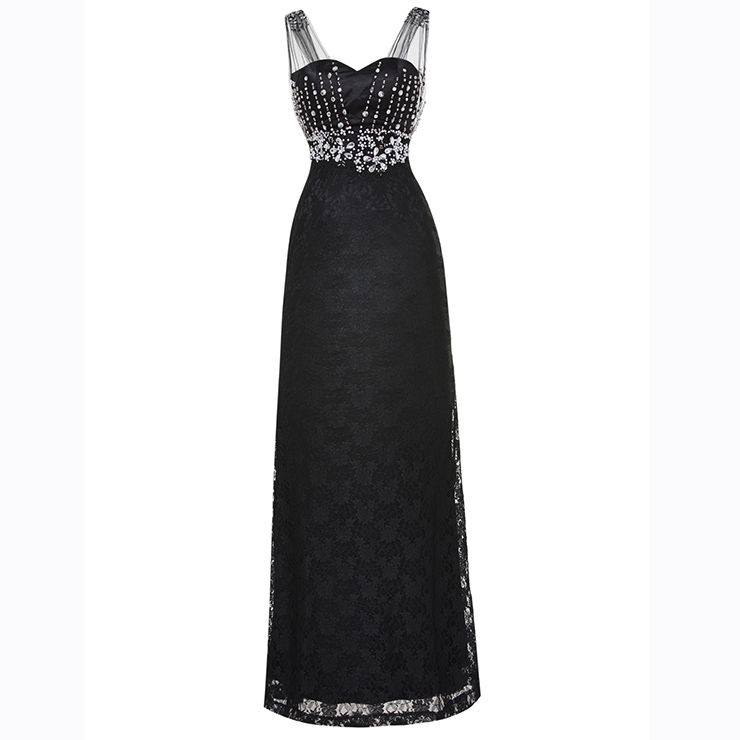 Women's Black Sleeveless Sweetheart Beaded Sheath Evening Dress N15759