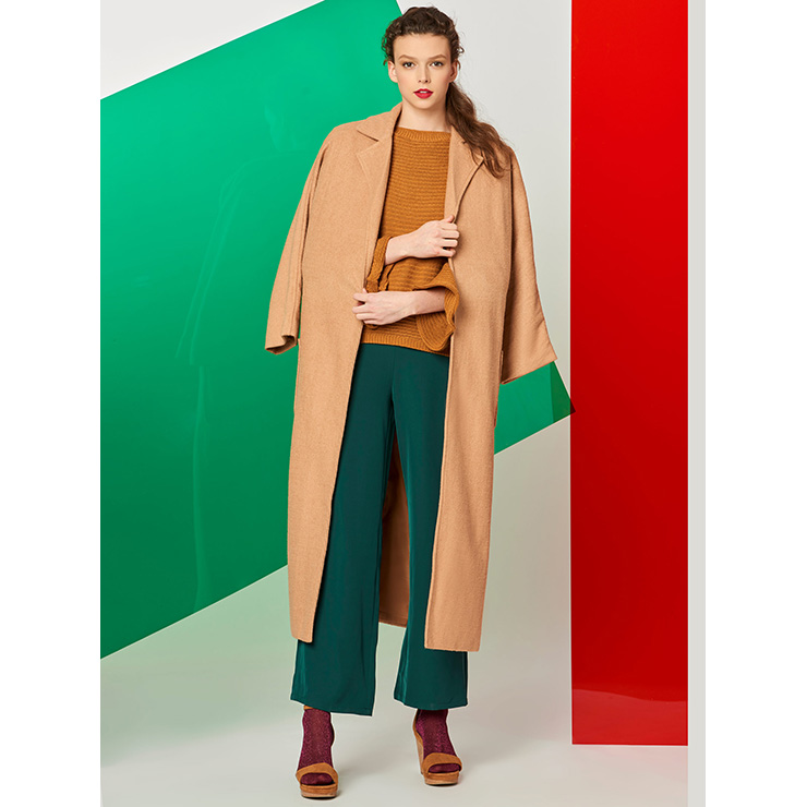 Women's Plain Khaki Casual Overcoat With Belt N14217