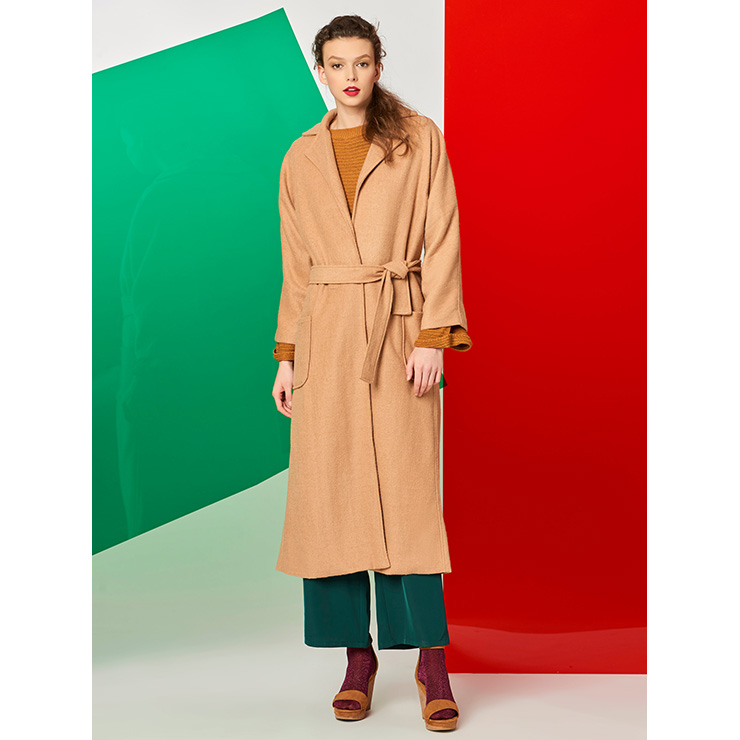 Women's Plain Khaki Casual Overcoat With Belt N14217