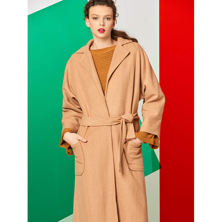 Women's Plain Khaki Casual Overcoat With Belt N14217