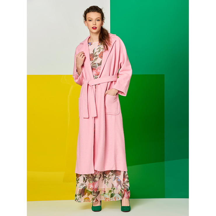 Women's Plain Pink Casual Overcoat With Belt N14218