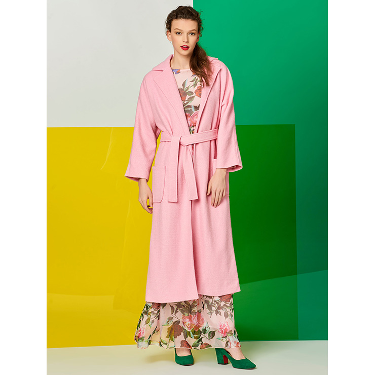 Women's Plain Pink Casual Overcoat With Belt N14218