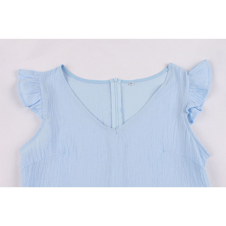 Lovely Solid Color Cotton Light-blue V Neck Flutter Sleeve High Waist ...