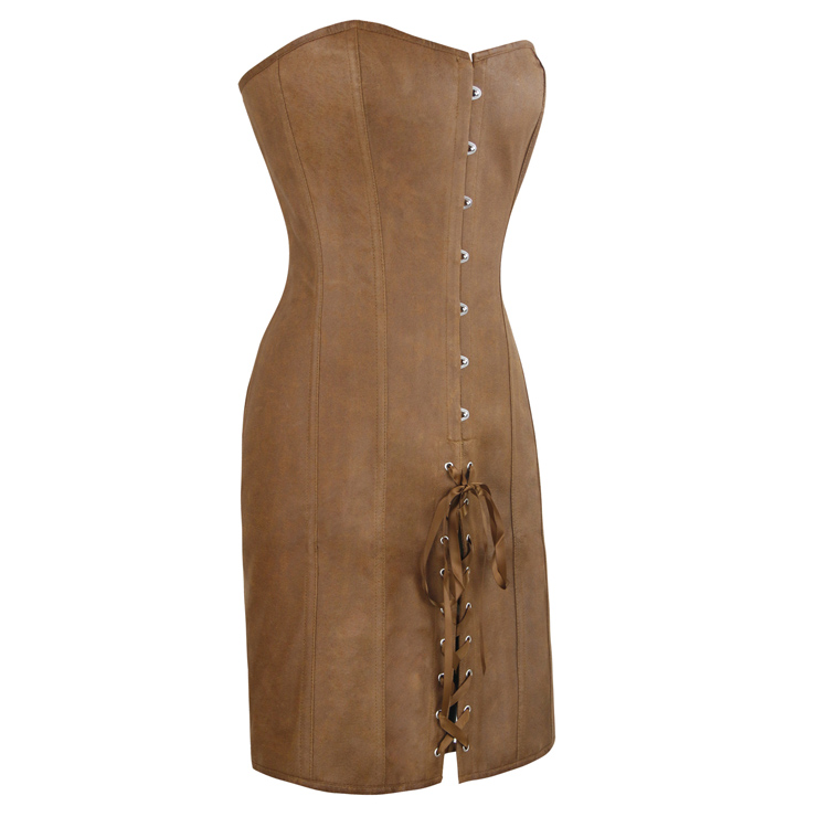 Sexy Coffee PVC Strapless Lace Up Long Corset Dress N15576