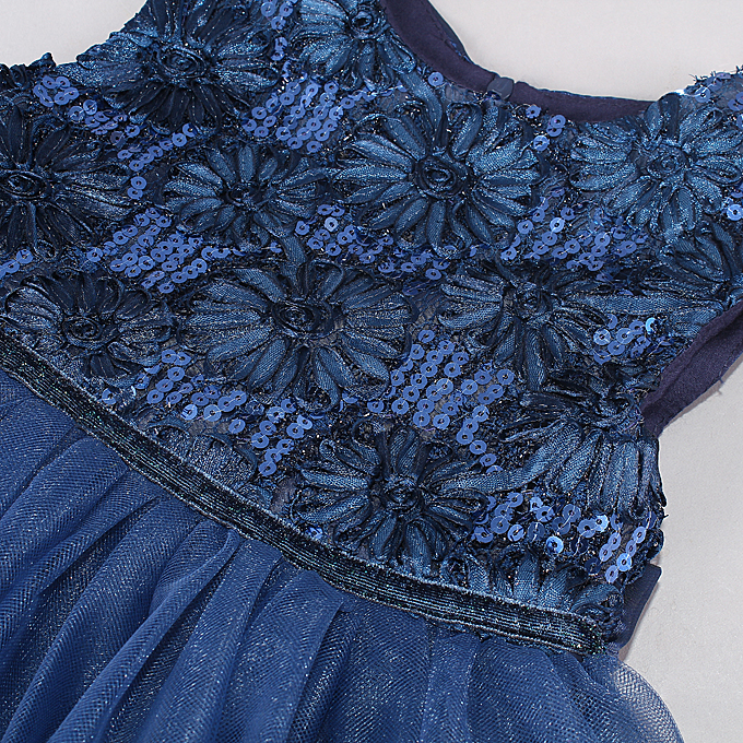 Dark-blue Satin Sequin Organza Chrysanthemum Pattern Princess Dress N9593