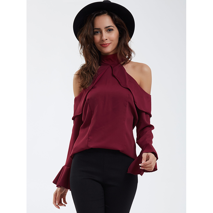 Women's Elegant Turtle Neck Long Sleeve Falbala Blouse N14545