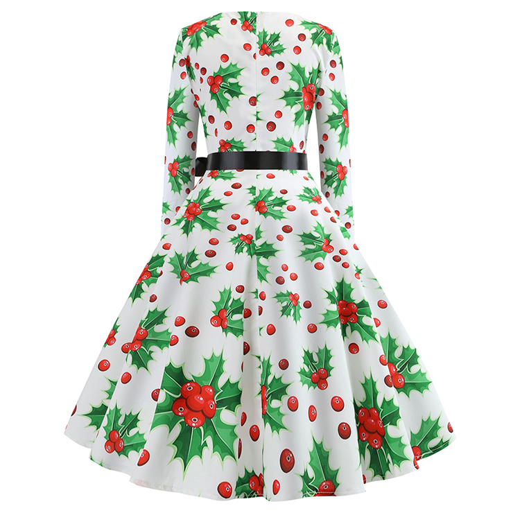 Fashion Christmas Holly Pattern Long Sleeves Round Neckline High Waist ...