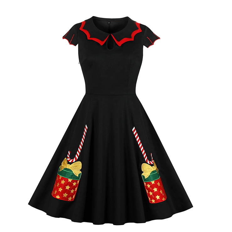 Fashion Christmas Gift Pattern Wavy Lapel Cape Sleeve Party Midi Dress ...