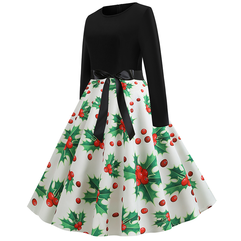 Fashion Cherry Pattern Splice Long Sleeves Round-Neck High Waist ...