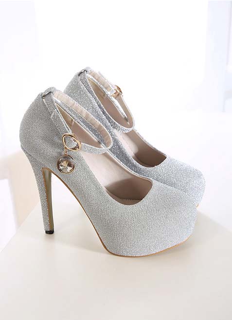 Fashion Lady Glitter Silver Ankle Wrap Round Toe High Heels SWS20222