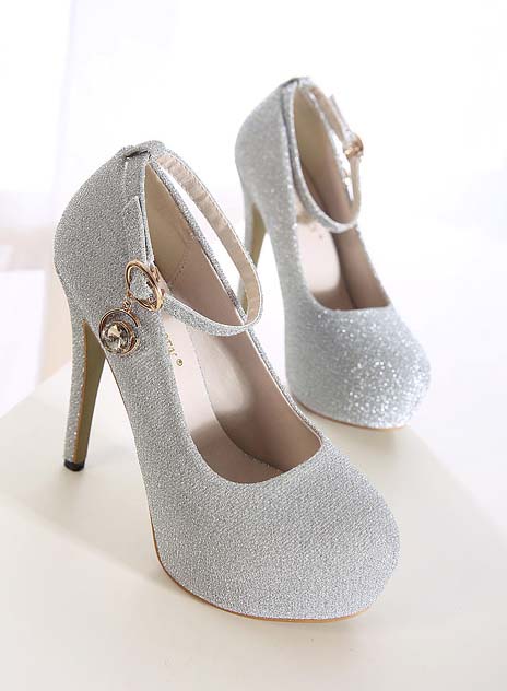 Fashion Lady Glitter Silver Ankle Wrap Round Toe High Heels SWS20222