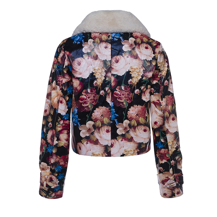 Women's Fashion Long Sleeve Faux Fur Lapel Floral Print Short Jacket N15336