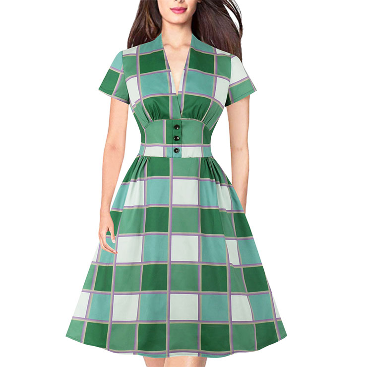 Fashion Simple Plaid Deep V-neck Short Sleeve Slim Waist Pocket A-Line ...