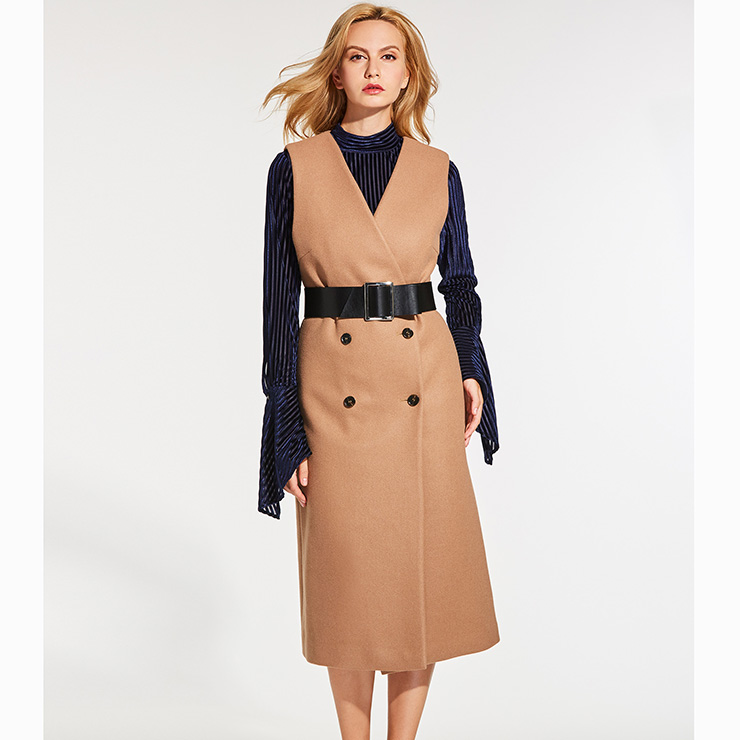 Women's Fashion Sleeveless V Neck Double-Breasted Overcoat with Belt N15662