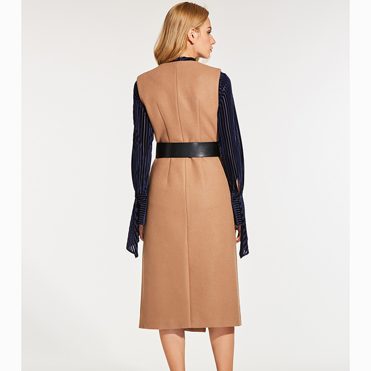 Women's Fashion Sleeveless V Neck Double-Breasted Overcoat with Belt N15662