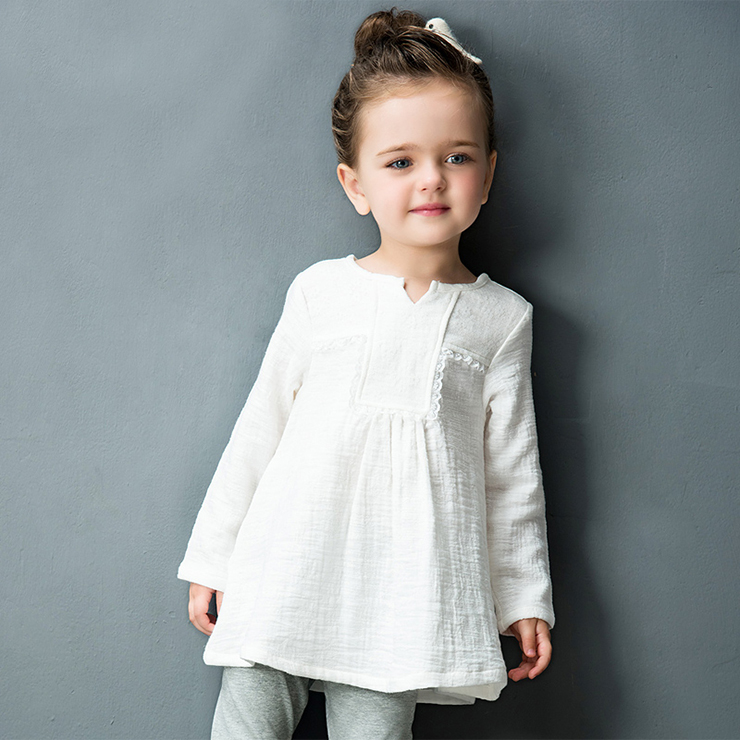 Girls' Lovely Solid Color Long Sleeve Round Neck Cotton Linen Dress N12166