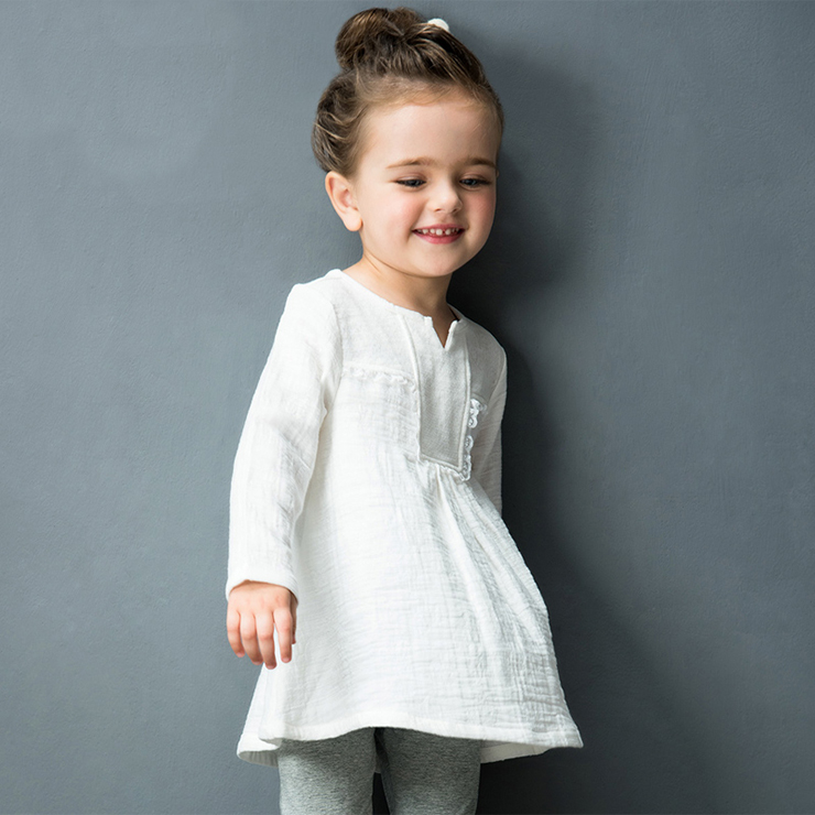 Girls' Lovely Solid Color Long Sleeve Round Neck Cotton Linen Dress N12166