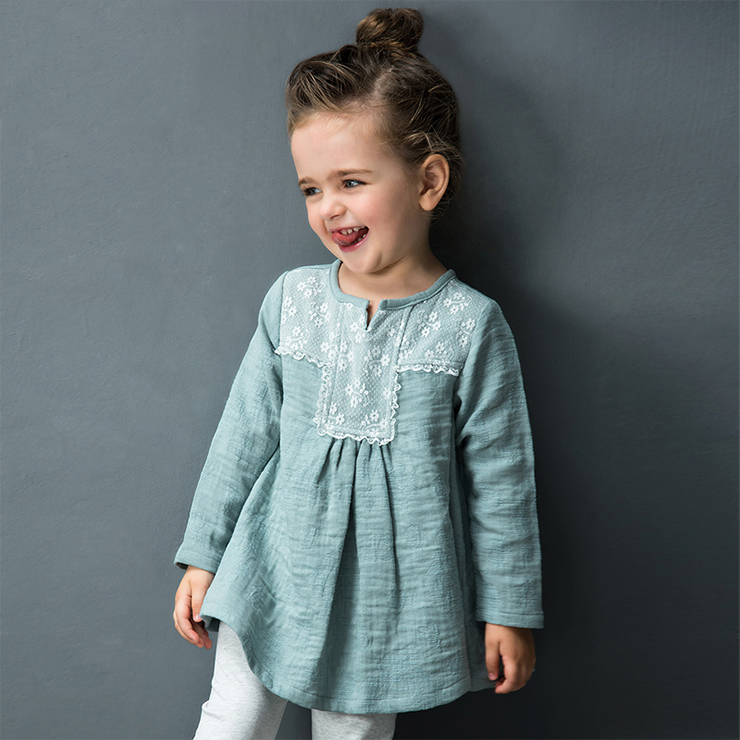 Girls' Lovely Solid Color Long Sleeve Round Neck Cotton Linen Dress N12170