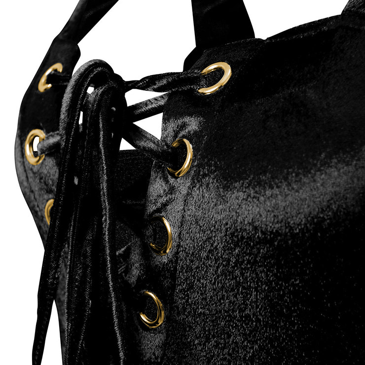 Sexy Gothic Black Velvet Deep V Lace-Up High-cut Bodysuit N14506