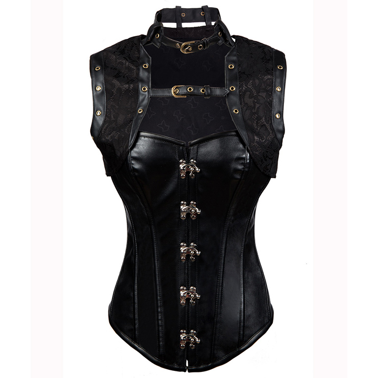 Steampunk Gothic Black Faux Leather Steel Boned High Neck Corset With
