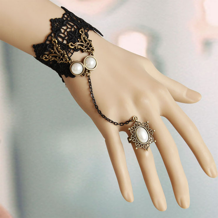 Gothic Black Floral Lace Wristband Victorian Bracelet with Ring J17866