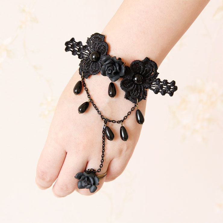 Gothic Black Floral Lace Wristband Rose Embellishment Bracelet with ...