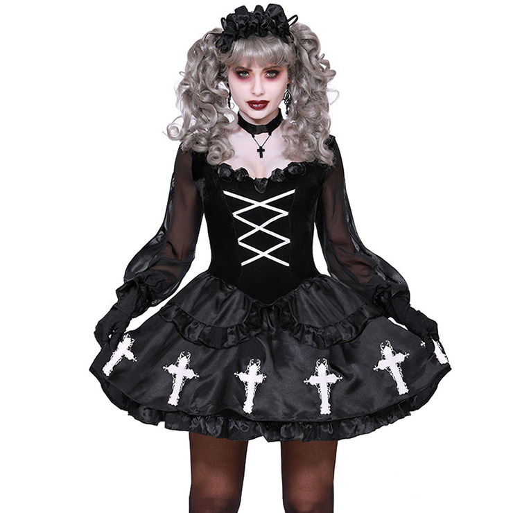 Gothic Black Vampire Cross Off-shoulder Sheer Mesh Mini Dress Halloween ...