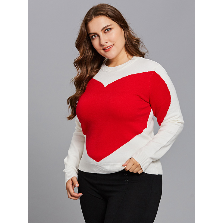Women's White Knitted Pullover Heart Shaped Long Sleeve Sweater Plus ...