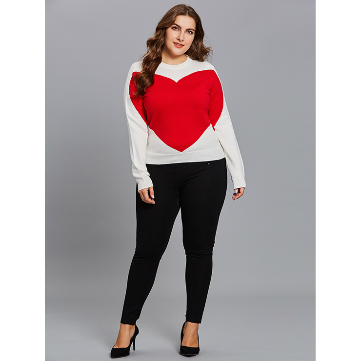 Women's White Knitted Pullover Heart Shaped Long Sleeve Sweater Plus ...