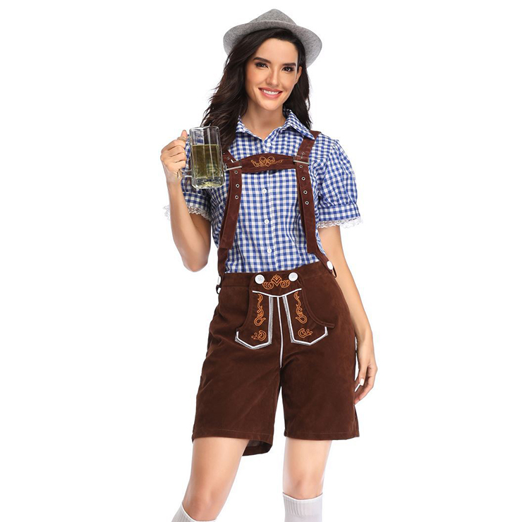 Womens Bavarian Beer Girl Suspenders And Gingham Shirt Oktoberfest