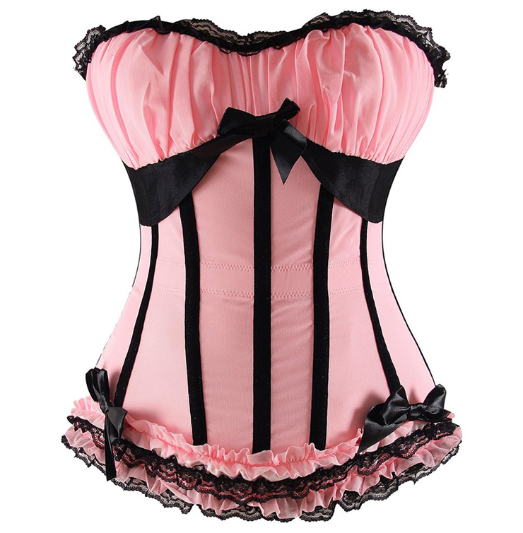 Lovely Pink Mesh with Black Bows and Ruffled Trim Corset N10015