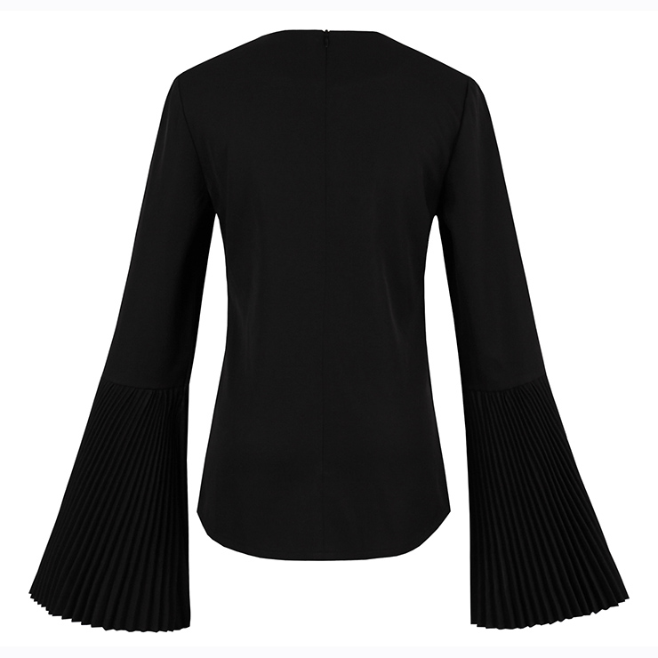 Women's Plain Black Flare Sleeve Round Neck Zipper Tops N15794
