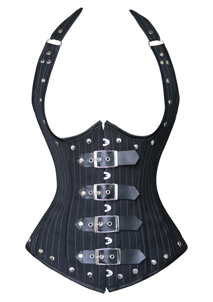 Punk Black Steel Boned Halter Neck Rivets Design Underbust Corset N10340