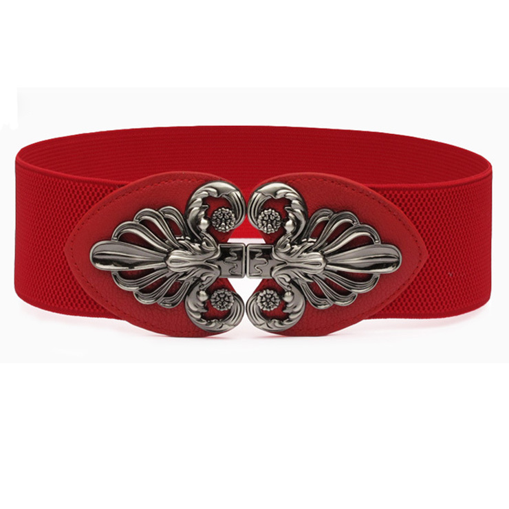 Fashion Red Elastic Wide Waistband Floral Alloy Interlock Buckle Waist ...